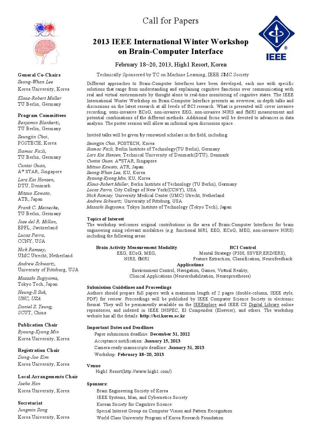 2013 IEEE International Workshop on Brain-Computer Interface 안내